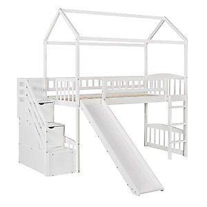 HABUHOME Twin Loft Bed with Stairway and Slide, House Bed with Two Drawers and Ladder, White