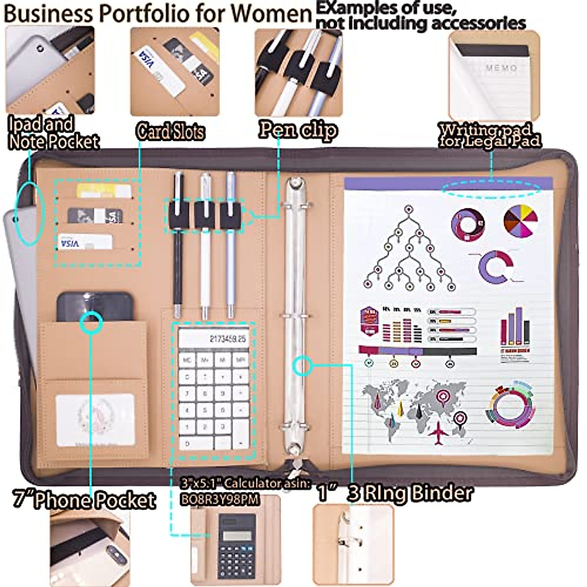 ECEIRO Leather Portfolio Ring Binder - Three Ring Binder Organizer Zippered Padfolio Folder Portfolio Organizer with Hidden Handle Cute Office Leather Binder - Gifts Supplies for Women