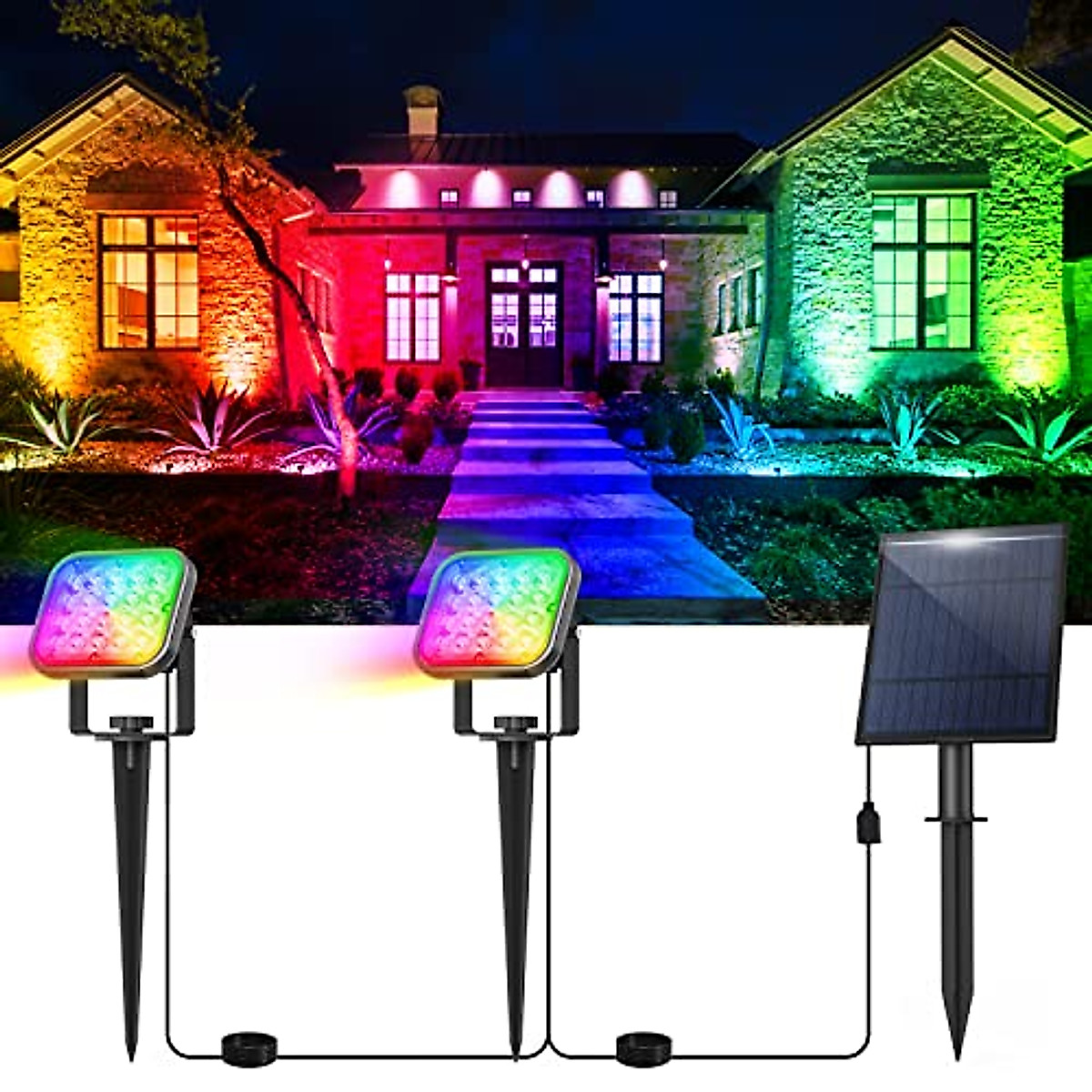 T-SUN RGB Solar Spotlight Outdoor, Color Changing Spot Lights IP65 Waterproof Garden Lights Lawn Light Outdoor Spotlight Auto On/Off for Garden Yard Lawn Path 2 in 1