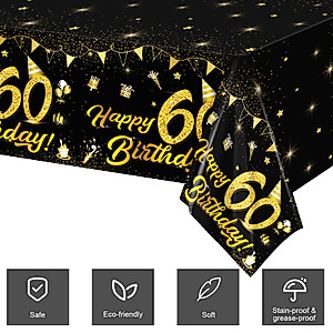 durony 2 Pack 60th Birthday Tablecloth Table Cover Plastic Black Gold Happy Tablecloth Waterproof Rectangular Table Cloth Cover for Indoor or Outdoor Parties Birthday