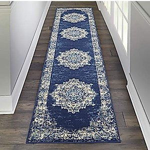 Nourison Grafix Persian Navy Blue 2'3" x 10' Area -Rug, Easy -Cleaning, Non Shedding, Bed Room, Living Room, Dining Room, Kitchen (2x10)