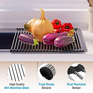 EMBATHER Roll Up Dish Drying Rack Over The Sink, Dish Drying Rack for Kitchen Counter, Multipurpose Stainless Steel Foldable Kitchen Drainer Rack with Silicone Mat, Anti-Slip,(Black, 20.8"x18.1")