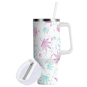 OTVEE 30oz Pink and Blue Marijuana Leaves Tumbler with Handle and Straw, Double Wall Vacuum Reusable Stainless Steel Insulated Water Bottle Travel Mug Cup for Hot and Cold Drinks