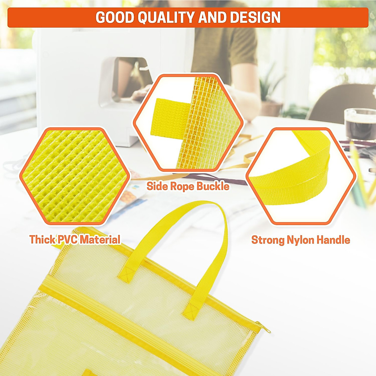 BERYA 16.14 x 16.14 inch Sewing Project Bag, Large Double Pocket Craft Bag Organizer Tote with Handles, Clear Mesh Art Supply Bag for Quilting, Knitting, Embroidery Projects Storage (Yellow-2 Pack)