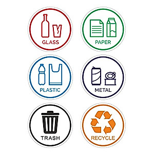 6 Pack Glass, Paper, Plastic, Metal, Trash, Recycle Sign Stickers - Self-Adhesive Vinyl Decal Recycle Logos - Eco-Friendly Trash Can Signs - 6" - Indoor & Outdoor Use - Waterproof & UV Protected