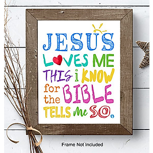 Religious Christian Kids Room Decor for Girls, Boys, Toddler Bedroom - Cute Baby Shower Gift - Jesus Loves Me Bible Verse Wall Art Print - 8x10 Poster Picture