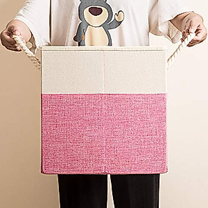 PRANDOM Large Foldable Cube Storage Bins 13x13 inch [4-Pack] Fabric Linen Storage Baskets Cubes Drawer with Cotton Handles Organizer for Shelves Toy Nursery Closet Bedroom Pink