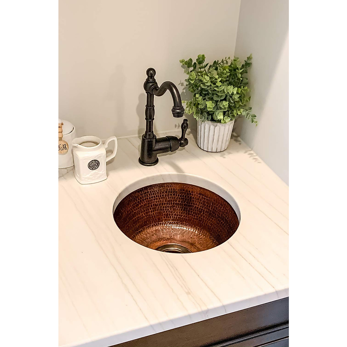 Premier Copper Products BR14DB3 14-Inch Universal Round Hammered Copper Sink with 3.5-Inch Drain Size, Oil Rubbed Bronze