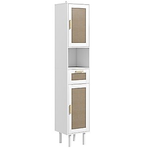 HOMCOM Tall Bathroom Storage Cabinet with Rattan Doors, Freestanding Bathroom Cabinet with Open Shelf, Drawer, Cabinets and Adjustable Shelves for Small Space, White