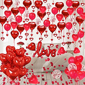 Red Valentines Day Decorations with Red Heart Balloons and Love Balloon, Fake Rose Petals for Wedding Decor, Anniversary Decorations Romantic with red Latex Balloons and Heart Hanging Decor