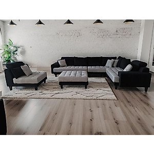 Stendmar L Shape U Shape Reversible Modern Microfiber Fabric Sectional Couch Sofa Set S150D (S150DBK-Black, 142-182" L x 110-150" D x 35" H)