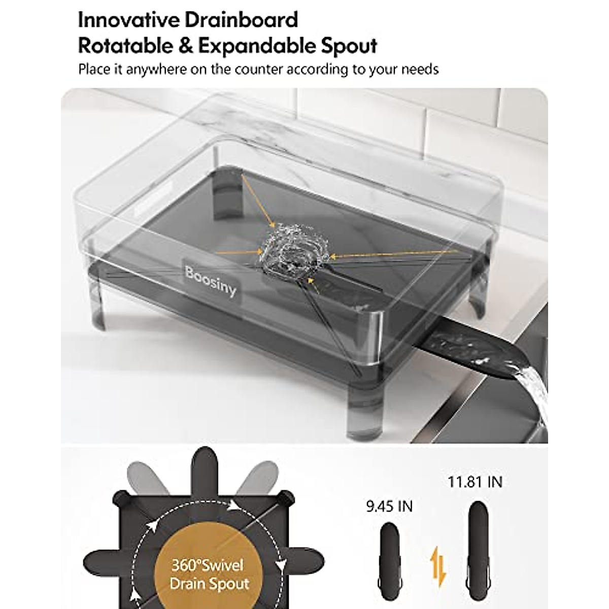 BOOSINY Dish Racks for Kitchen Counter, 304 Stainless Steel Large Dish Rack and Drainboard Set, Full Size Dish Drainer with Swivel Spout Drainage, Utensil Holder and Cup Holder for Big Family
