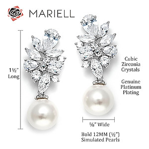Mariell Ivory Pearl Drop Bridal Earrings with Cubic Zirconia Crystals, Large Size Dramatic Statement Earring, Bridal Jewelry for Wedding, Mother of the Bride
