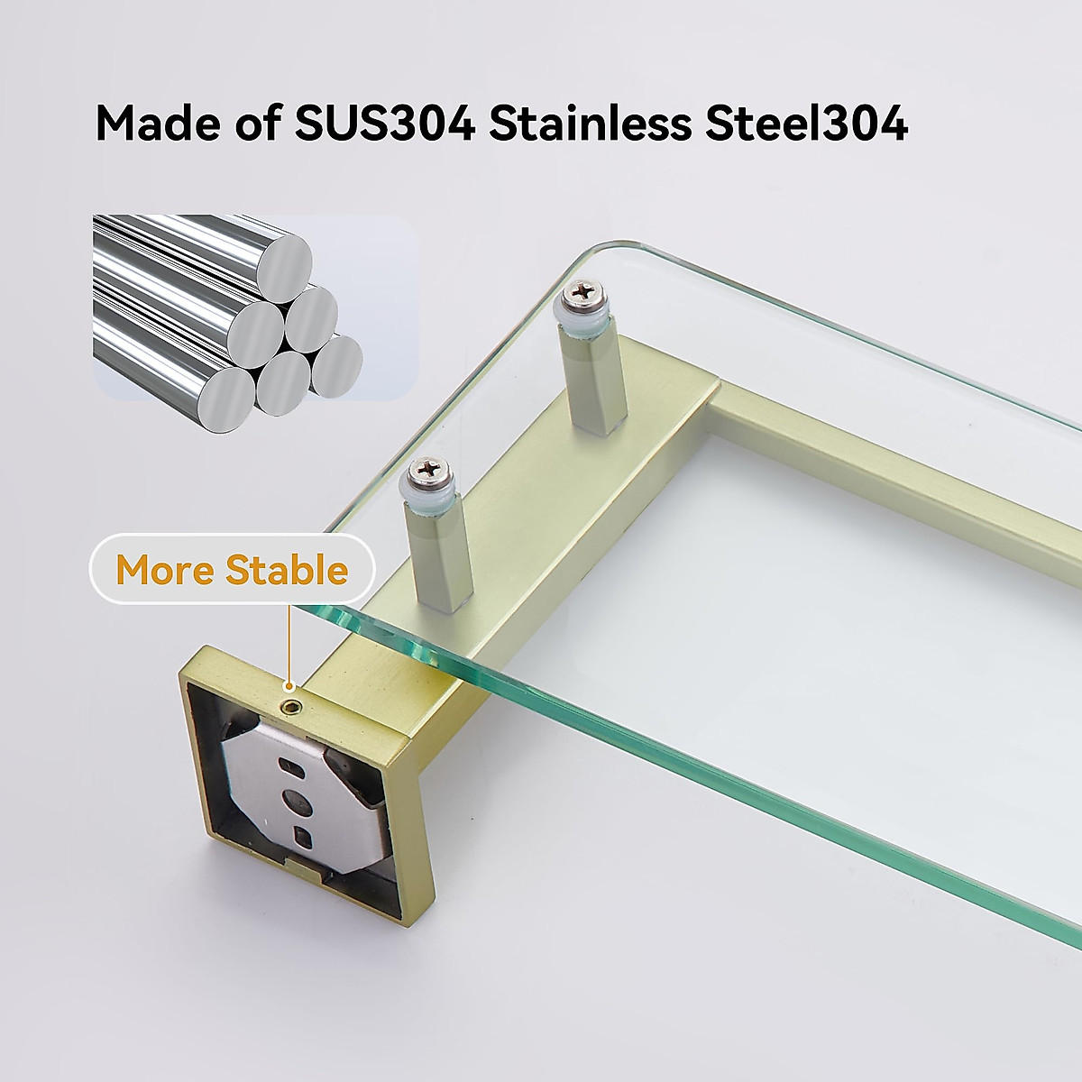 LANC Bathroom Shelves with Towel Bar 20 Inch Gold Floating Tempered Glass Shelf with Towel Rails for Shower Bath Kitchen Storage Rack Wall Mounted Rustproof Stainless Steel Brushed Gold，A7615BG