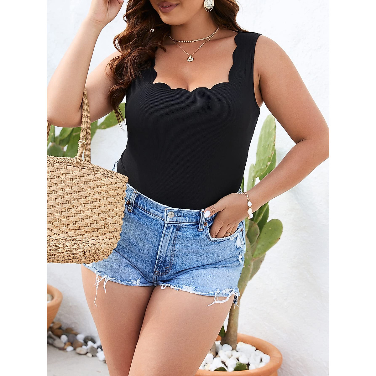 SOLY HUX Women's Plus Size Scalloped Trim Square Neck Sleeveless Summer Tank Tops Solid Black 2XL