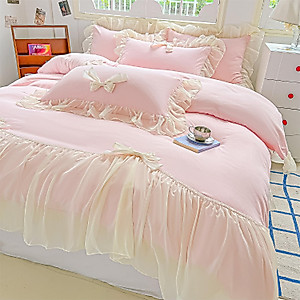 SOUKECHY Girls Lace Bedding,Queen Comforter Cover Set, Chic Ruffled Duvet Cover with Lovely Bow,Princess Style 1 Duvet Cover with 2 Pillowcases, No Comforter-Pink,Queen Size