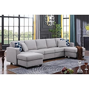 Devion Furniture 5-Seat Modern Fabric Upholstered Reversible Modular Sectional Sofa with 2 Ottomans in Light Gray Finish
