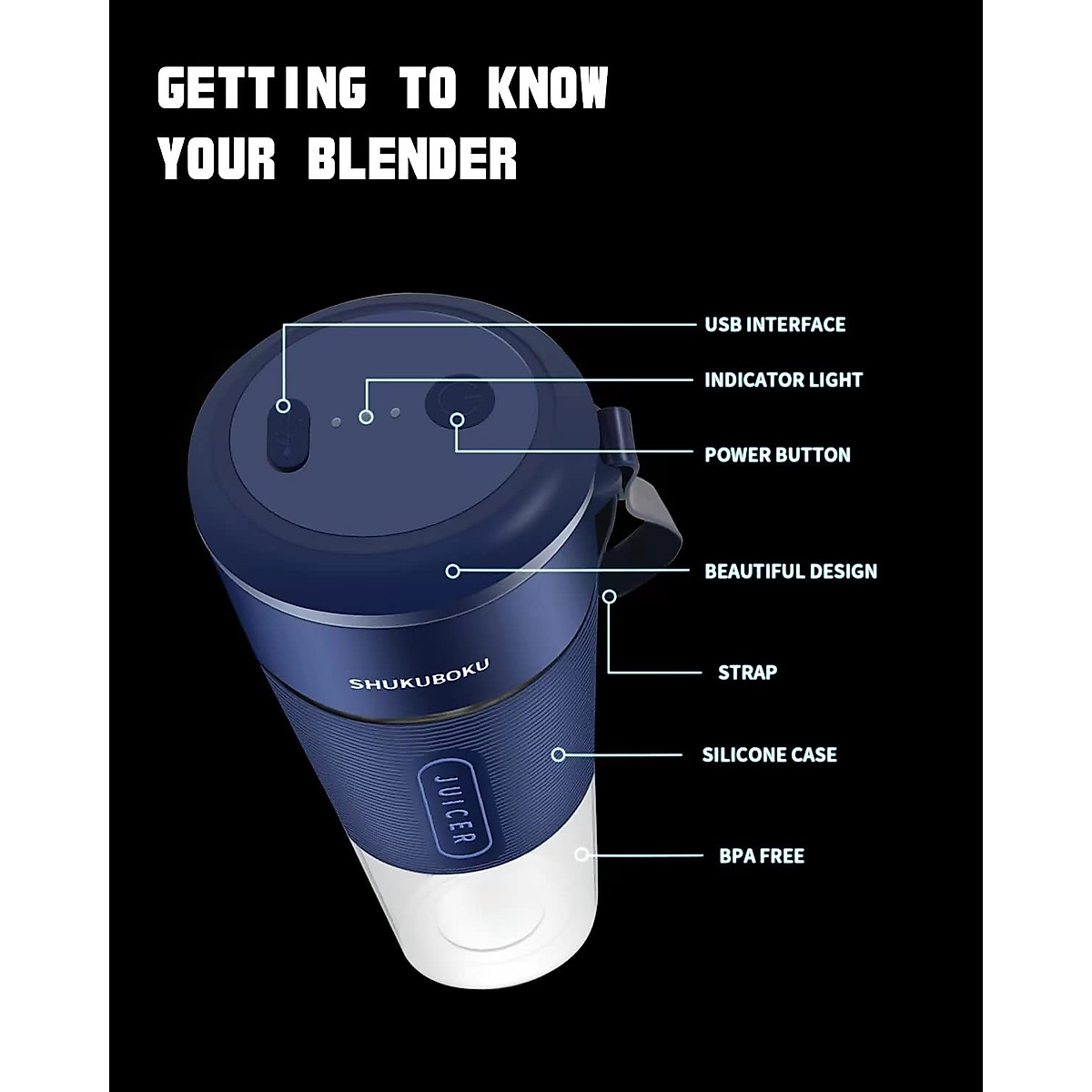 SHUKUBOKU Portable Blender, 10oz, USB Rechargeable, Green, Easy Operation, Magnetic Lid