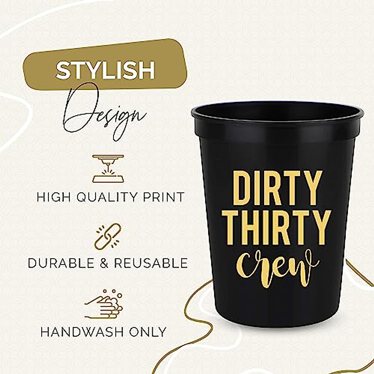 Dirty Thirty Crew 30th Birthday Party Cups and 1"Talk Thirty to Me" Button, Set of 12, 16oz Black and Gold 30th Birthday Stadium Cups, Perfect for Birthday Parties,Birthday Decorations (Regular)
