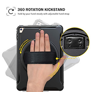ProCase Rugged Heavy Duty Case for iPad 9.7 2018 iPad 6th Gen / 2017 iPad 5th Gen, iPad Pro 9.7 Case, iPad Air 1/2 Case, Shockproof Cover with Handle and Rotating Kickstand for iPad 9.8 Black