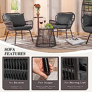 NICESOUL® 3 Seats Outdoor Chair Set Round Table Oversized Stationary Egg Chair Boho Style Handwoven PE Wicker Patio Conversation Large Egg Backyard Pool Grey Wicker 4 Pieces Set