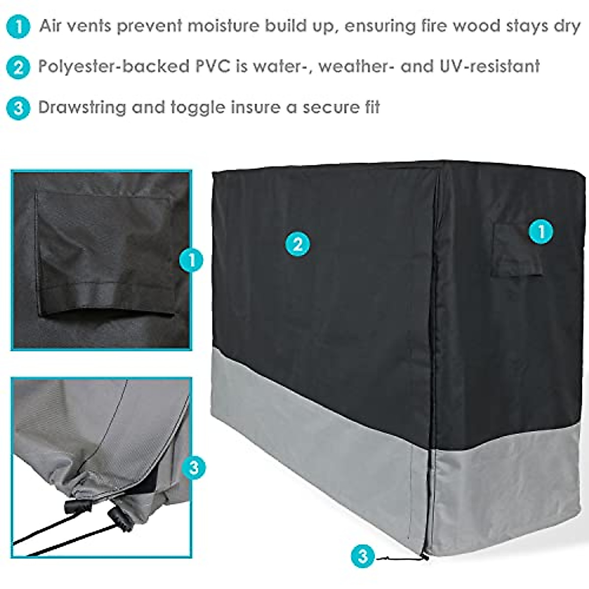 Sunnydaze Outdoor Firewood Log Rack Cover - Gray and Black - 600D Polyester with PVC Backing - 8-Foot