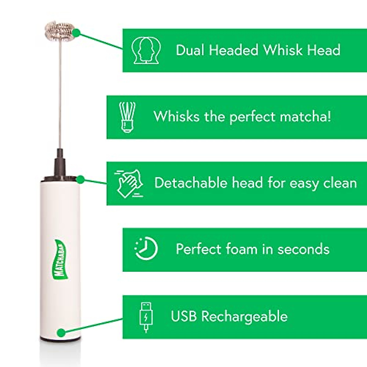 MATCHABAR Electric Matcha Whisk and Milk Frother | Handheld Matcha Green Tea Mixer and Blender | USB Rechargeable, Dual Speed, Stainless Steel | Powerful Whisk for Matcha Lattes, Coffee & Other Drinks