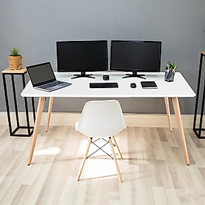 FurnitureR Minimalist Rectangle Dining Table with Round Beech Wood Legs for Home Kitchen Living Room Corner Small Spaces Leisure, 43.3 inches, White