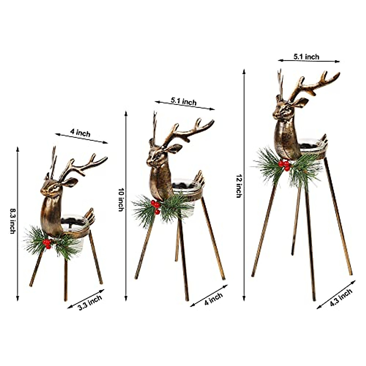 Juegoal Set of 3 Reindeer Tealight Candle Holders, Standing Iron Metal Christmas Decorations, Glass Votive Candle Holder, Durable and Rust-Proof Holiday Tabletop Centerpiece and Display