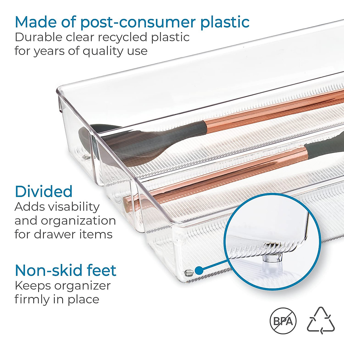 iDesign Linus Kitchen Drawer Organizer for Silverware, Spatulas, Gadgets - Clear 13.8" x 10.5" x 3"