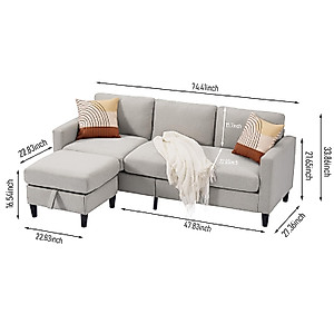 EDWINENE Sectional Sofa Couch, 3 Seat L Shaped Couch with Storage Chaise, Compact Small Couch with Reversible Ottoman for Living Room, Small Apartments, Office(Light Gray)