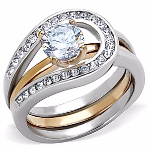 Marimor Jewelry 1 Carat Round Cut Two Toned Stainless Steel 2 Piece Wedding Ring Set Women's Size 9