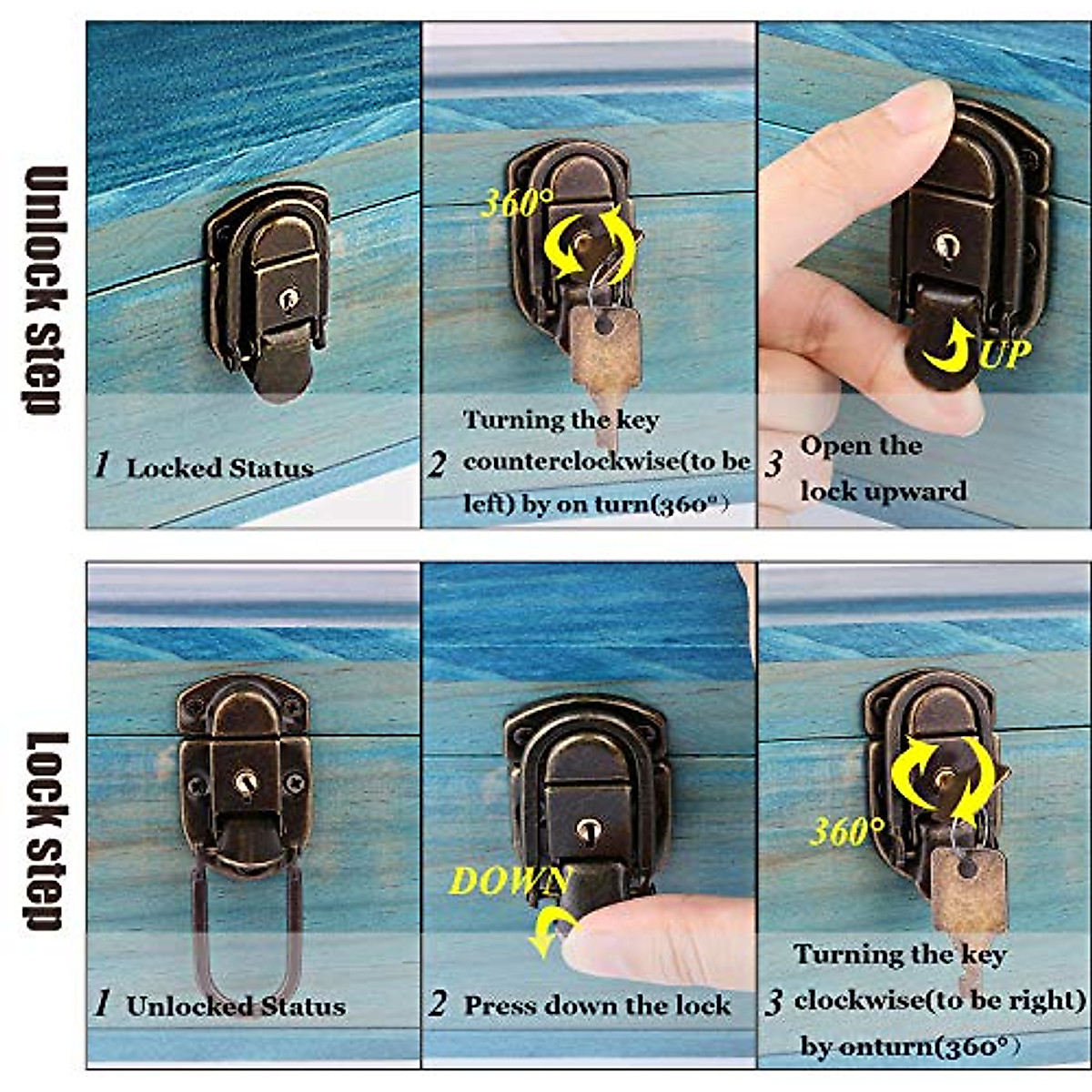 Dedoot Wooden Keepsake Box, Blue Wood Box with Lock Decorative Handmade Craft Small Latched Box for Jewelry Gift Storage and Home Decor, 9.3x7.6x4.5 Inch