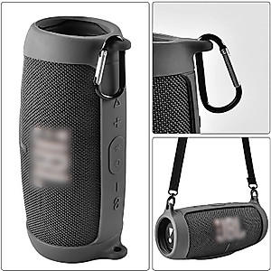 Silicone Case Cover for JBL Charge 5 Waterproof Portable Bluetooth Speaker, Travel Carrying Protective Gel Soft Skin, Waterproof Rubber Pouch with Shoulder Strap and Carabiner - Black