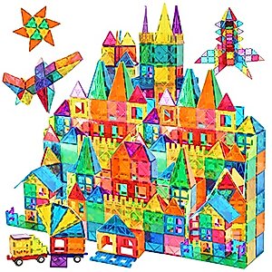 AFUNX 130 PCS Magnetic Tiles Building Blocks 3D Clear Magnetic Blocks Construction Playboards, Inspiration Building Tiles Creativity Beyond Imagination, Educational Magnet Toy Set for Kids with 2 Cars