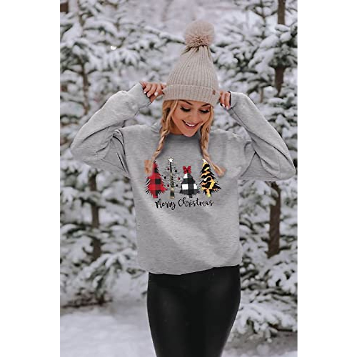 KIDDAD Merry Christmas Sweatshirt for Women Long Sleeve Drop Shoulder Ugly Christmas Tree Pullover Lightweight Shirt Top… Grey