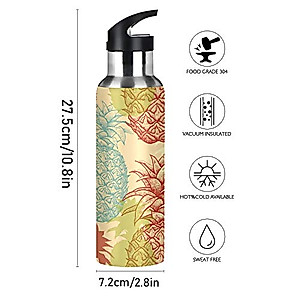 Qilmy Colorful Pineapple Water Bottle Vacuum Insulated Stainless Steel Water Bottles with Straw Lid Leakproof Wide Mouth Water Flask for Fitness Outdoor Sports, 20 oz