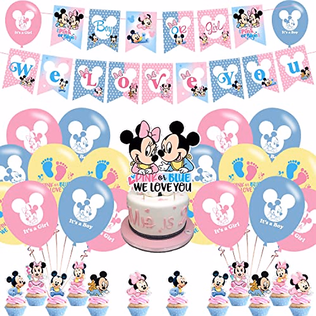 Mickey and Minnie Gender Reveal Backdrop Birthday Banner for Mickey and Minnie Gender Reveal Birthday Party Supplies Gender Reveal Photograph Background Photo Booth 5x3ft