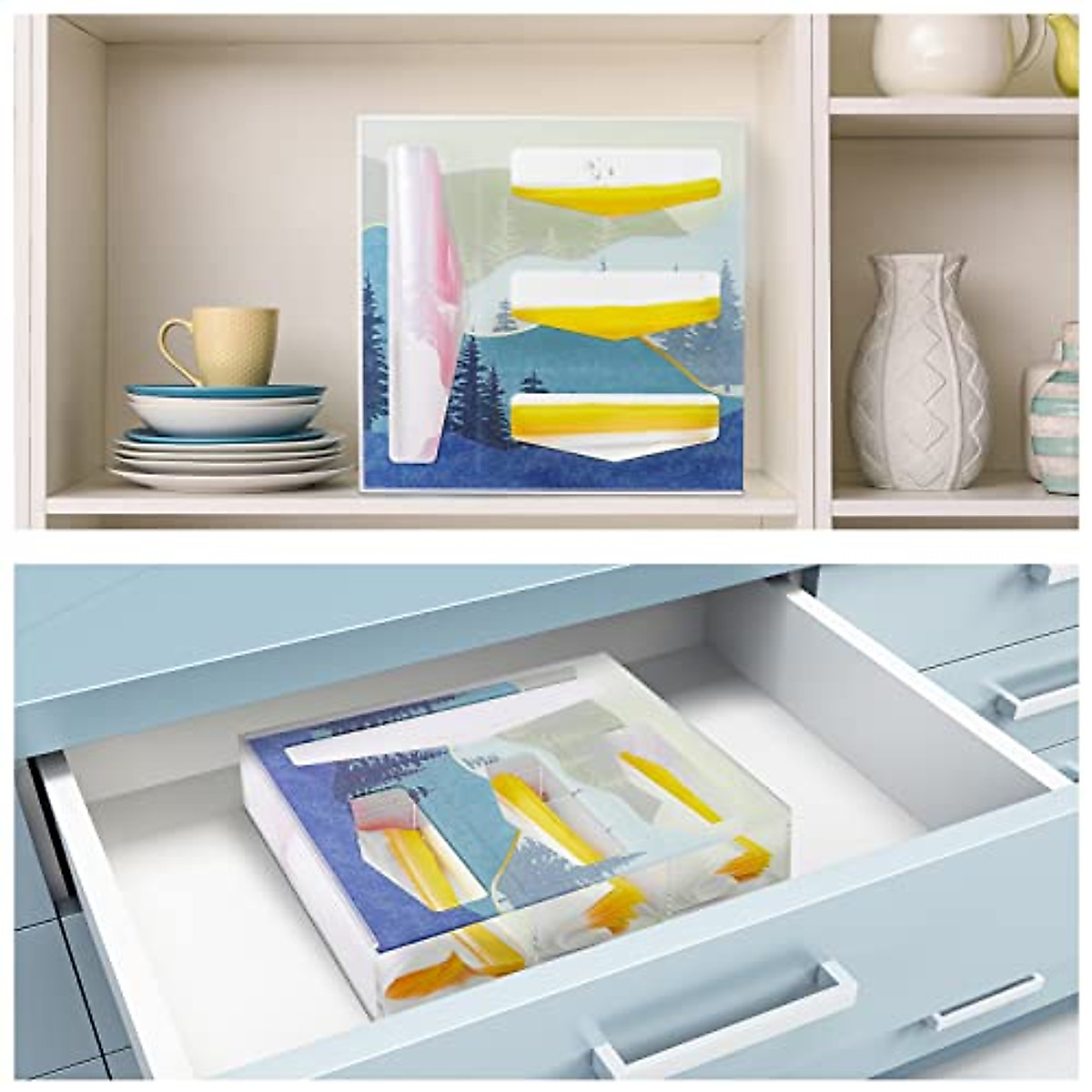 Plastic Bag Organizer Kitchen Acrylic 4 Slots Storage Bag Holder Baggie Organizers for Drawer Counter Pantry, Green Mountain