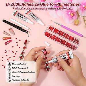 Audab Red Rhinestone with B7000 Adhesive Glue for Craft, 2100Pcs Flat Back Rhinestones Crystal Gems with Dotting Tools Clear Craft Glue for Clothes Fabric Shoes Jewelry Making Nail Art Makeup
