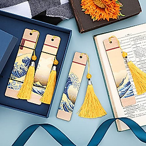 The Wave Japanese Ukiyoe Wooden Bookmarks for Book Lovers Men 4 Pcs Color Handmade Natural Bookmarks Art Book Mark with Tassel and Box Set, Good Gift for Men, Women