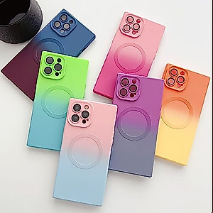 Yepda for iPhone 14 Pro Max Square Case, Compatible with MagSafe, Full Camera Lens Protector Multicolor Case Luxury for Women Girls Soft Slim Fit Shockproof Protective Magnetic Cover - Green Blue