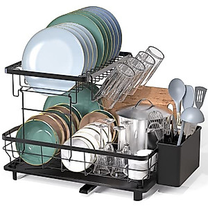LIONONLY Large Dish Drying Rack with Drainboard, 2 Tier Stainless Steel Drying Racks for Kitchen Counter,Detachable Dish Drainer Organizer Shelf with Utensil Holder Set (Black)