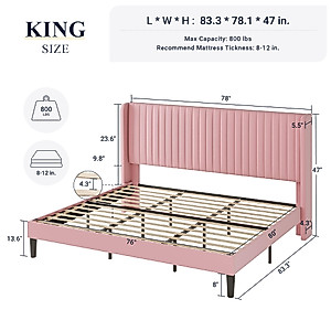 Allewie King Size Velvet Bed Frame/Vertical Channel Tufted Wingback Headboard/Upholstered Platform Bed/Strong Wooden Slats/No Box Spring Needed/Easy Assembly/Pink