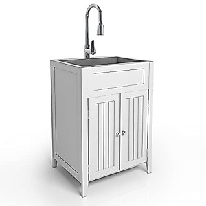 VINGLI 24-Inch Laundry Sink with Cabinet and Pull-Out Sprayer Faucet, Stainless Steel Utility Sink with Cabinet, White Cabinet with Sink for Laundry & Utility Room, Kitchen, Bathroom, Basement