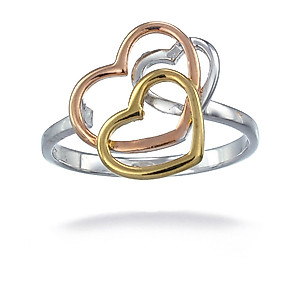 VIR JEWELS Fashion Heart Ring 3 Hearts Trio Color Pink and Rose Gold Plated Sterling Silver Size 9