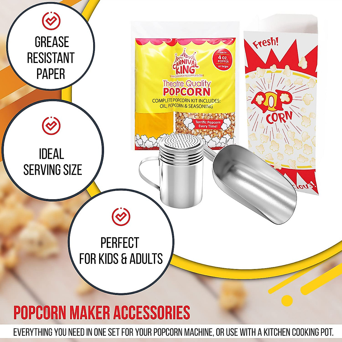 Popcorn Machine Supplies Set, 5 Bags Of Popcorn Kernels Kit (Large Butterfly Kernels, Salt Seasoning, and Popcorn Oil), 100 Popcorn Bags (1 oz. Paper), 1 Popcorn Scoop, 1 Popcorn Season Salt Shaker