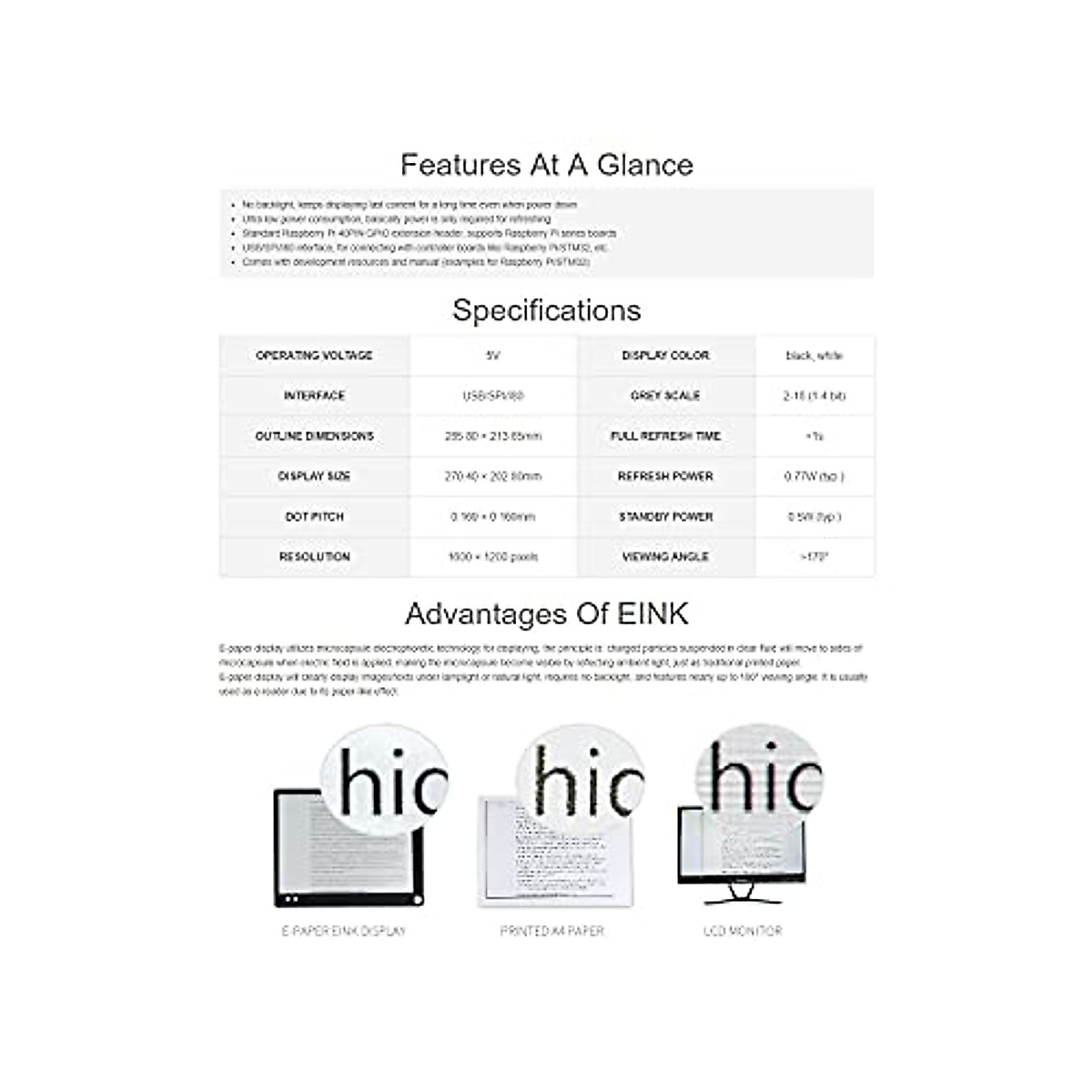 Waveshare 13.3inch E-Paper E-Ink Display HAT Compatible with Raspberry Pi4B/3B+/3B/2B/B+/A+/Zero/Zero W/WH/Zero 2W 1600×1200 Pixels Black/White 2-16 Grey Scales USB/SPI/I80 Supports Partial Refresh