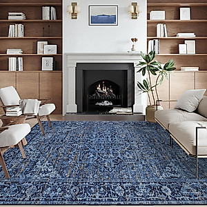 ReaLife Machine Washable Area Rug - Living Room Bedroom Bathroom Kitchen Entryway Office - Non Slip Low Pile Stain Resistant Premium - Boho Vintage Traditional - Lyle - Blue 4' x 6'