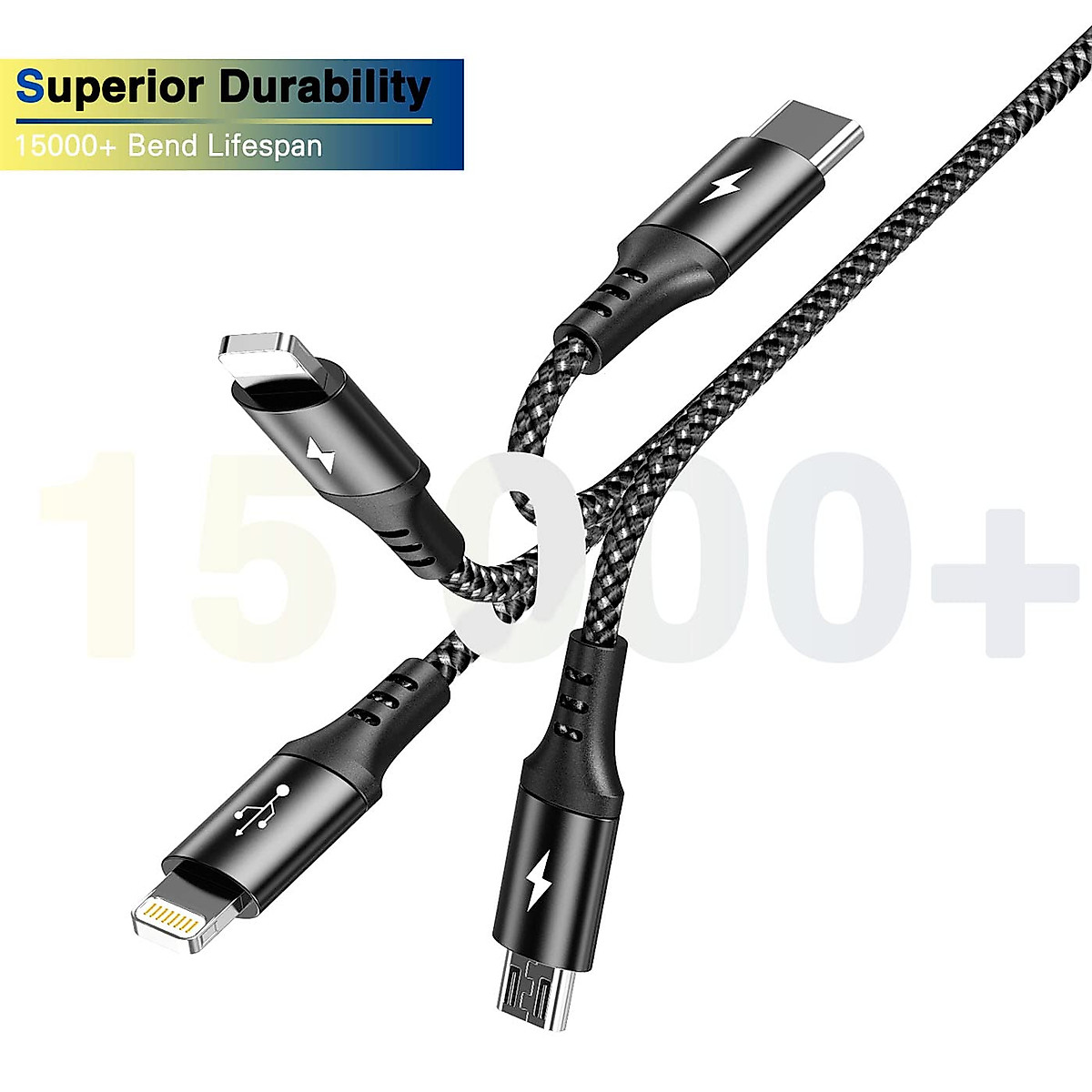 RULUS 4 in 1 Charging Cable [2Pack 4Ft], Fast Charging & Data Sync Multi Phone Charger Cable Nylon Braided USB Charging Cable with Lightning/Type C/Micro USB Port for iPhone,Samsung Tablets,Carplay